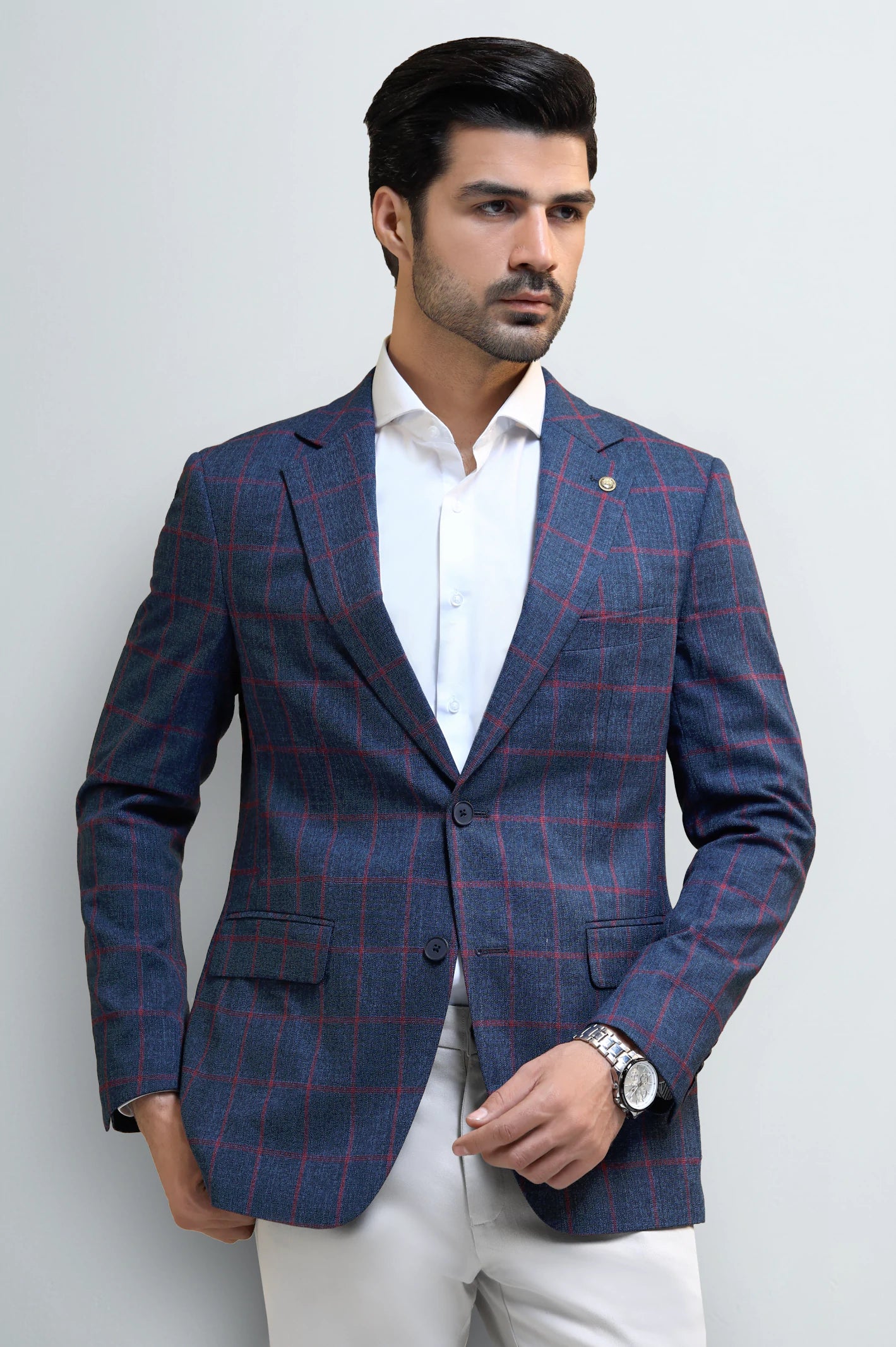 Navy Blue Checked Single-Breasted Blazer – Diners Pakistan